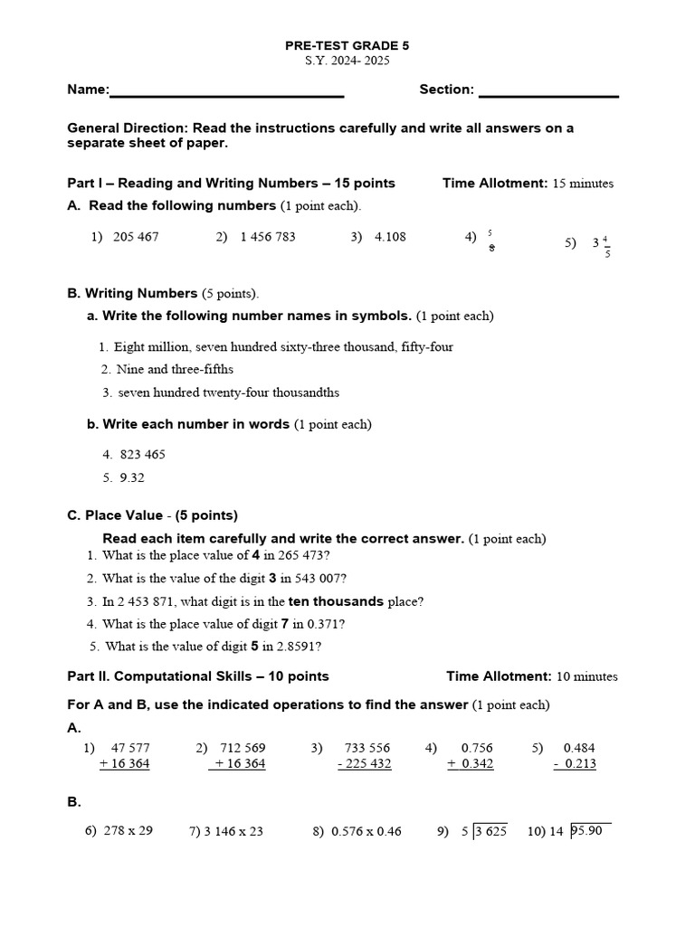 Pre-Test Grade 5 | PDF
