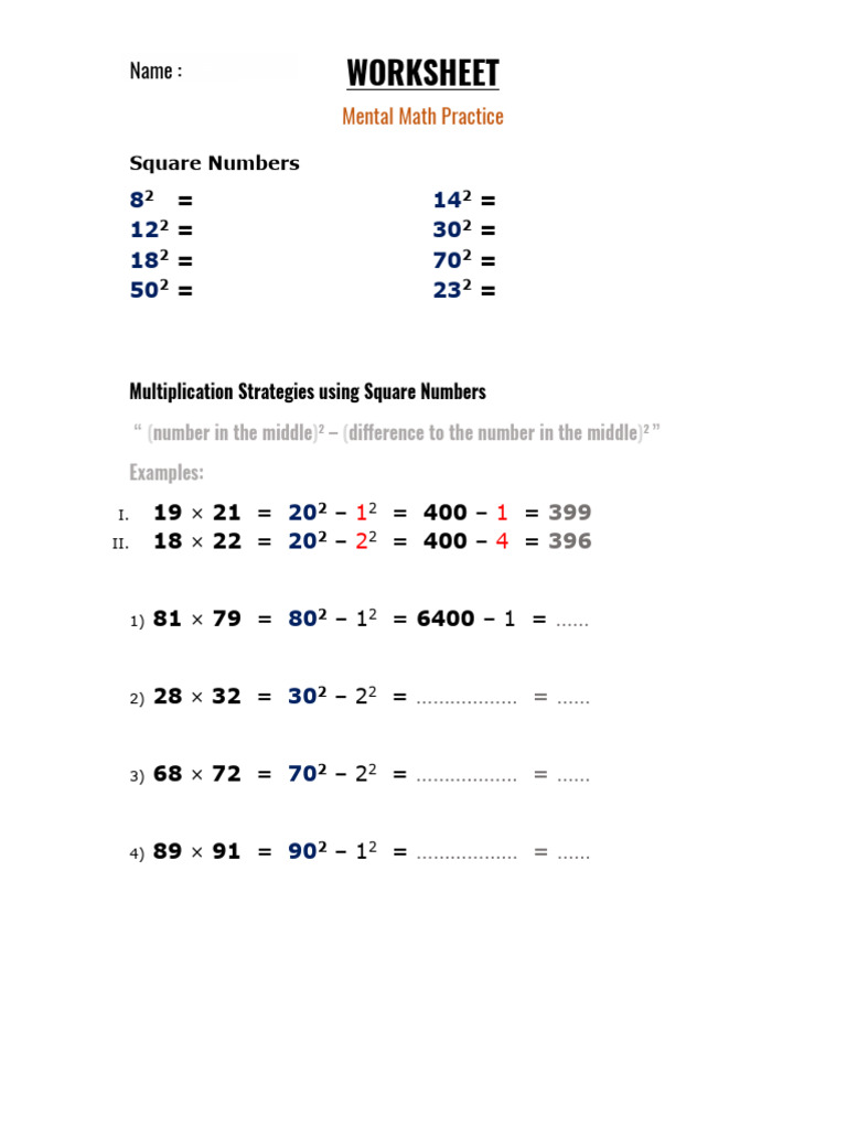 Worksheet - Square Numbers Mental Math | PDF