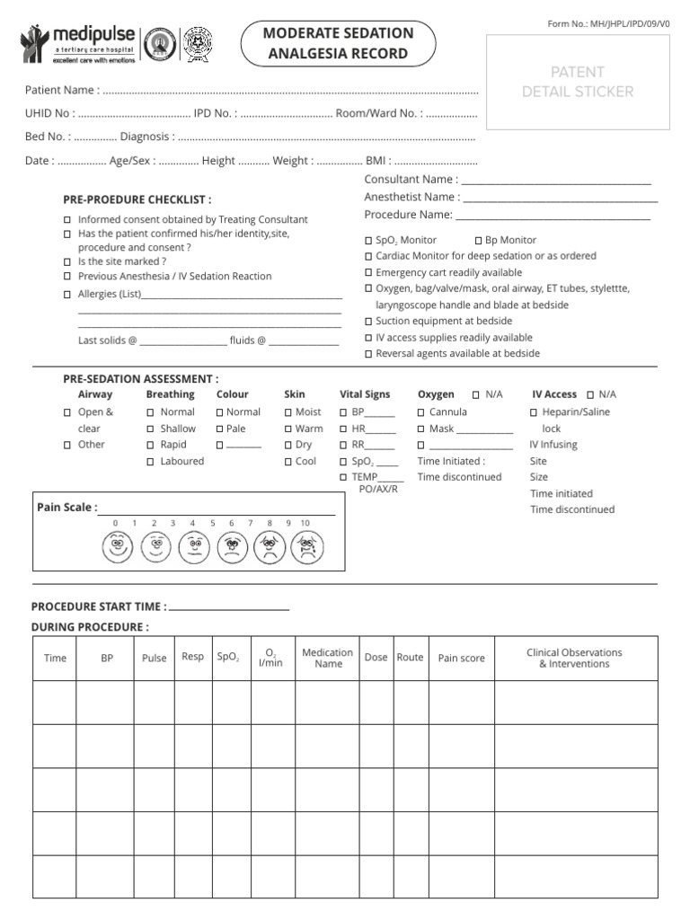 Moderate Sedation Analgesia Record JHPL New 2024 | PDF | Clinical ...
