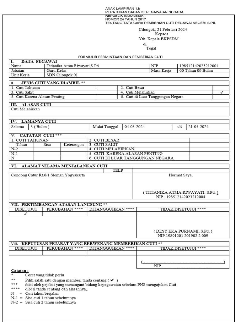 Form Ajuan Cuti PNS (FORMULIR PERMINTAAN DAN PEMBERIAN CUTI PNS) - 1 | PDF