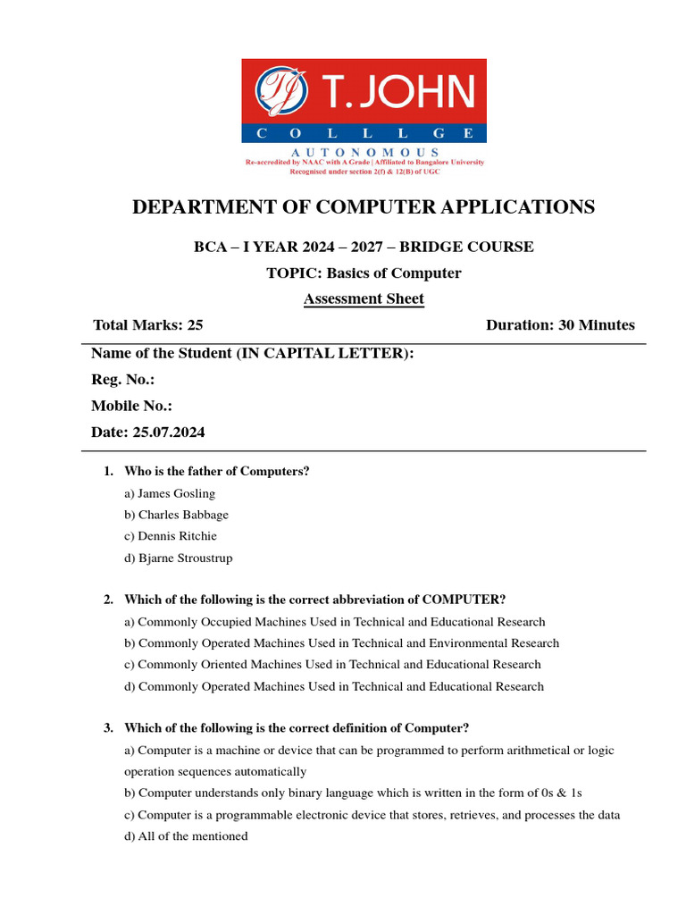 MCQ Bridge Course - Print | PDF | Computer Data Storage | Random Access Memory