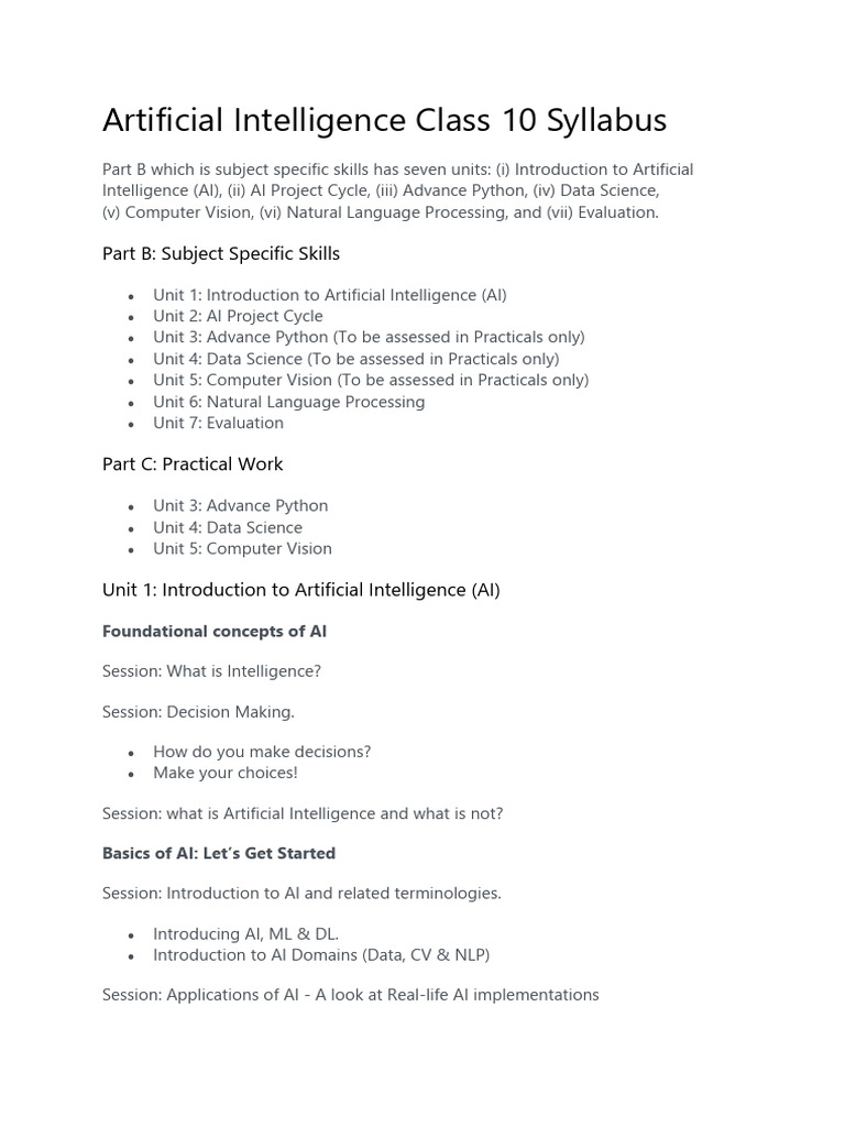 Artificial Intelligence Class 10 Syllabus | PDF | Artificial Intelligence | Intelligence (AI ...