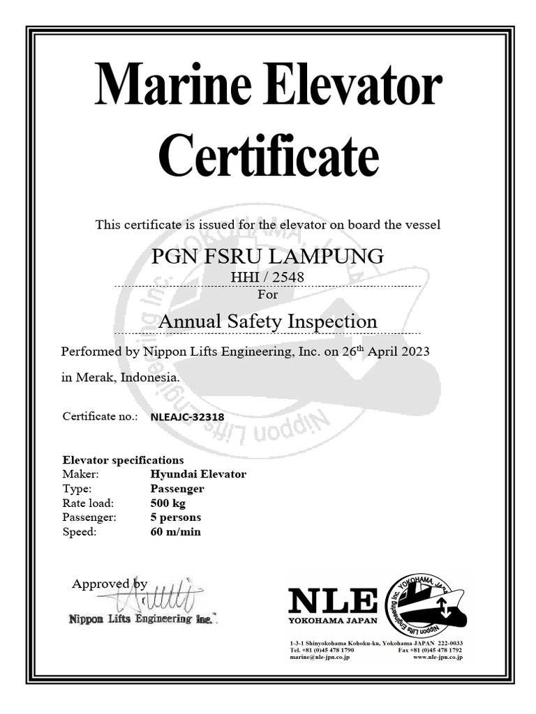 HHI 2548 - Elevator Certificate 26 Apr 2023 | PDF