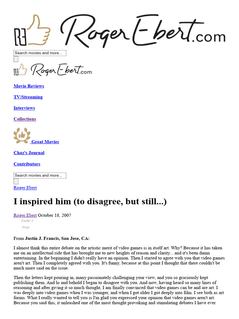 I Inspired Him (To Disagree, But Still... ) - Roger Ebert - Roger Ebert ...