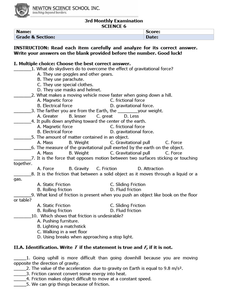 3rd MONTHLY EXAM - SCIENCE 6 | PDF | Force | Friction