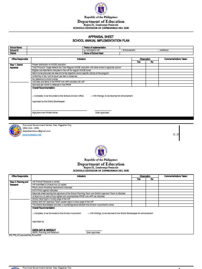 SIP-AIP Appraisal Sheet - Revised | PDF