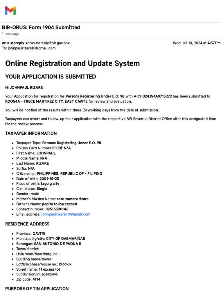 Gmail BIR ORUS - Form 1904 Submitted | PDF | Government And Personhood