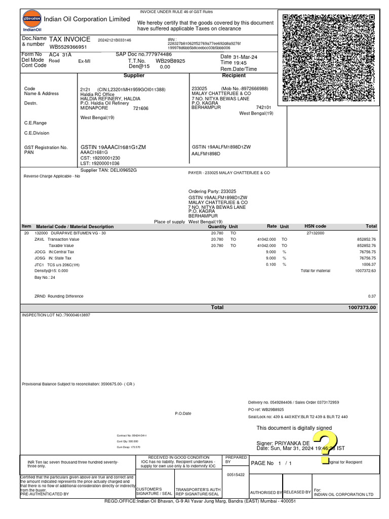 Ioc Sample Bitumen Challan | PDF | Payments | Government Finances
