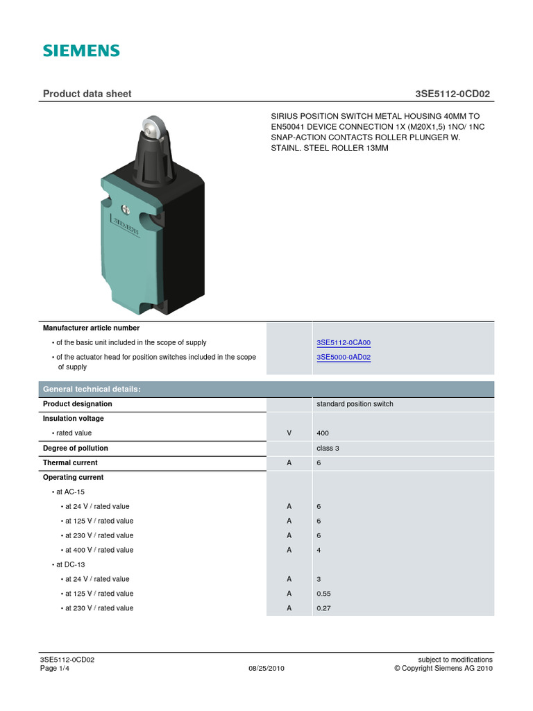 Limit Switch Siemens Datasheet | PDF | Switch | Fuse (Electrical)