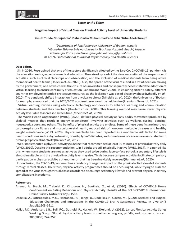 Impact of Virtual Classes on Student Activity | PDF | Sedentary ...