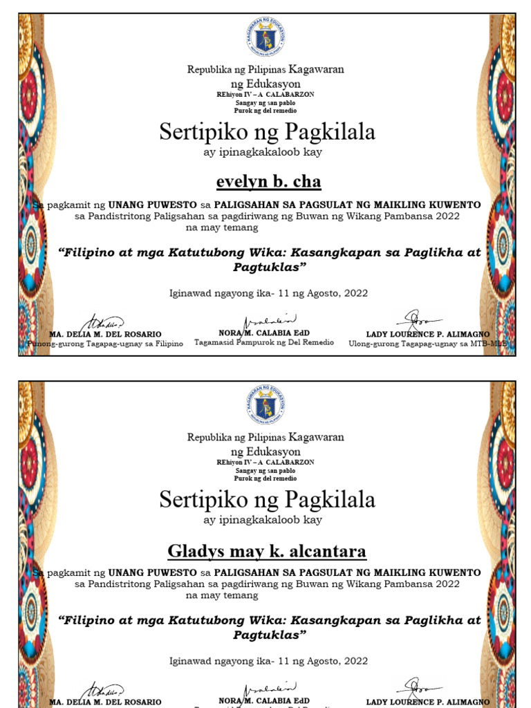 Sertipiko NG Pagkilala Paglahok Pagsulat at Opm Buwan NG Wika ...