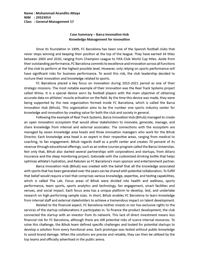 Muhammad Anandito A - 29323014 - Barca Innovation Hub (Case Summary ...