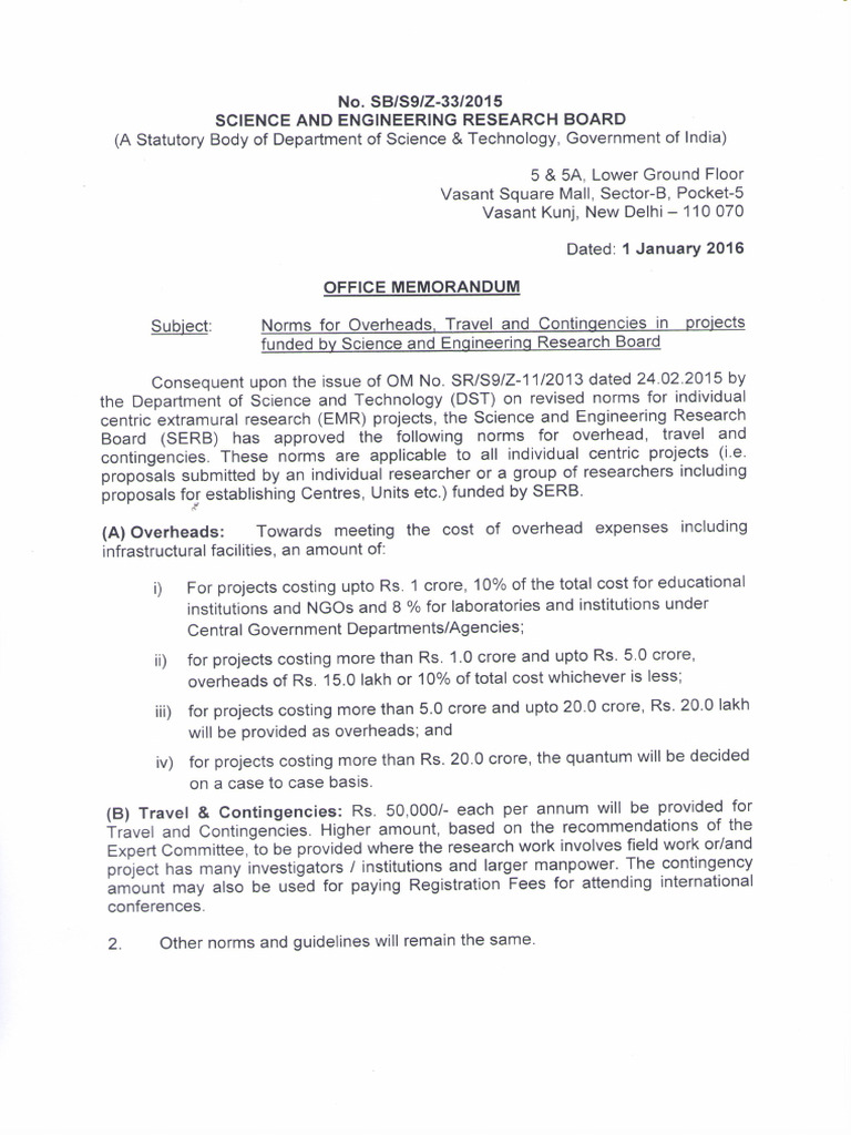 SERB - Project Norms - Overhead Charges | PDF