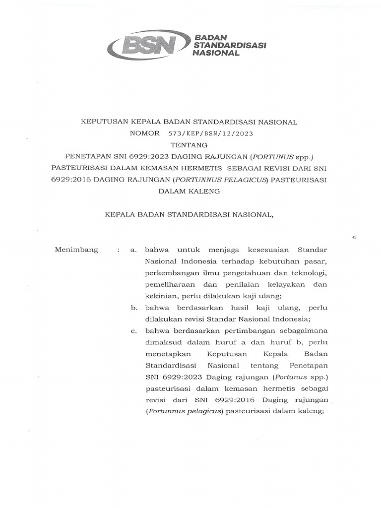 SNI 6929 - 2023 - Daging Rajungan Pasteurisasi Hermetis | PDF