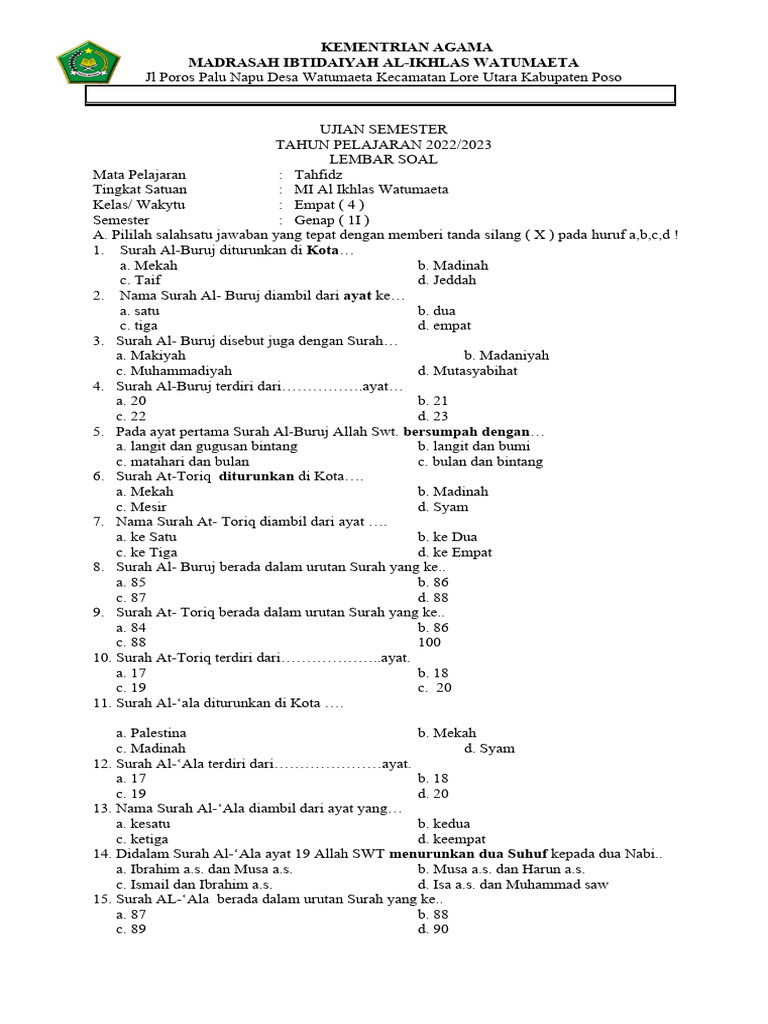 Soal Tahfidz Kelas 4 Mi Al - Al-Iklas Watumaeta 2022 | PDF