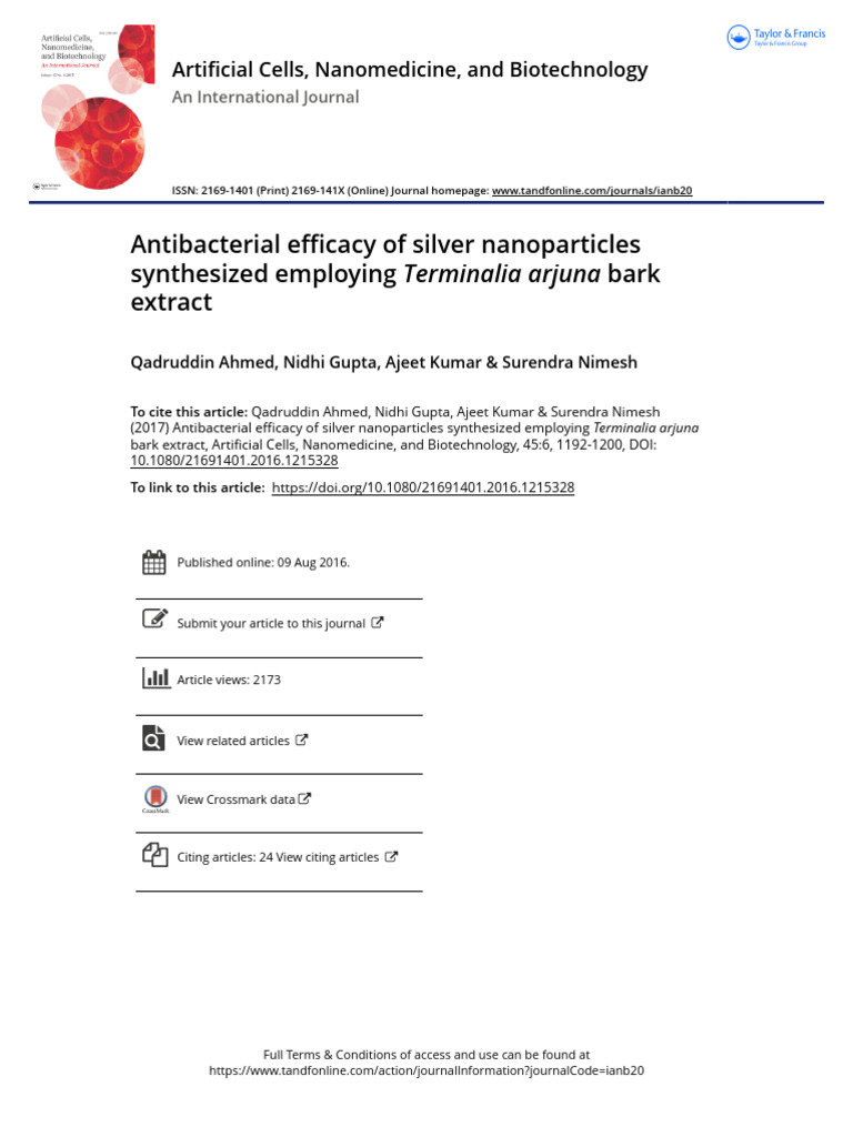 Antibacterial Efficacy of Silver Nanoparticles Synthesized Employing Terminalia Arjuna Bark ...