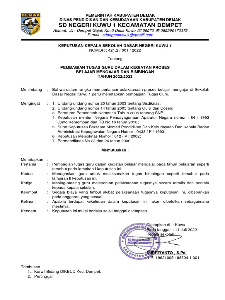 SK Pembagian Tugas 2022-2023 | PDF