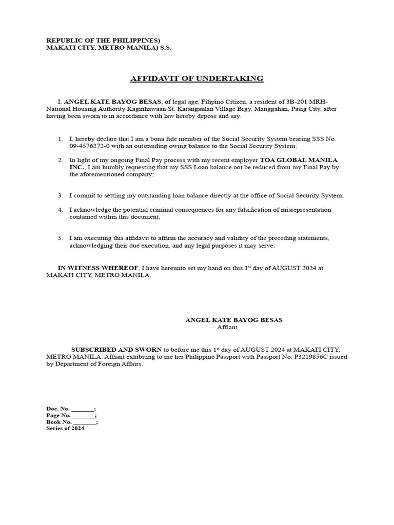 Affidavit of Undertaking | PDF | Affidavit