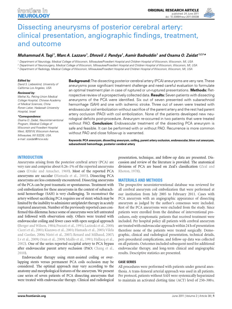 Pca Dissecting Aneurysm | PDF | Interventional Radiology | Angiography