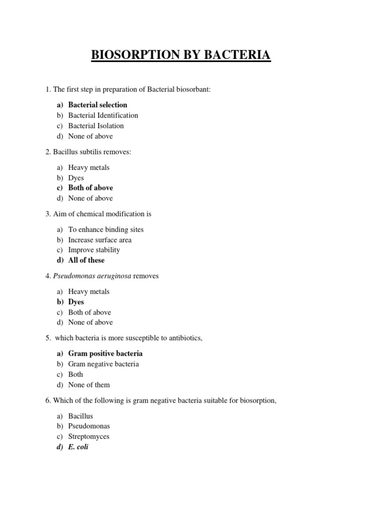 Biosorption by Bacteria Mcqs | PDF | Bacteria | Chemistry
