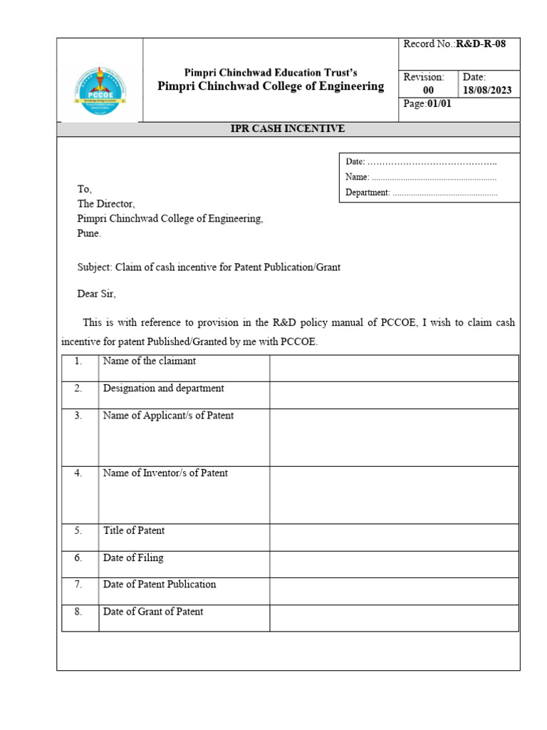 IPR Cash Incentive Format | PDF | Patent | Property Law