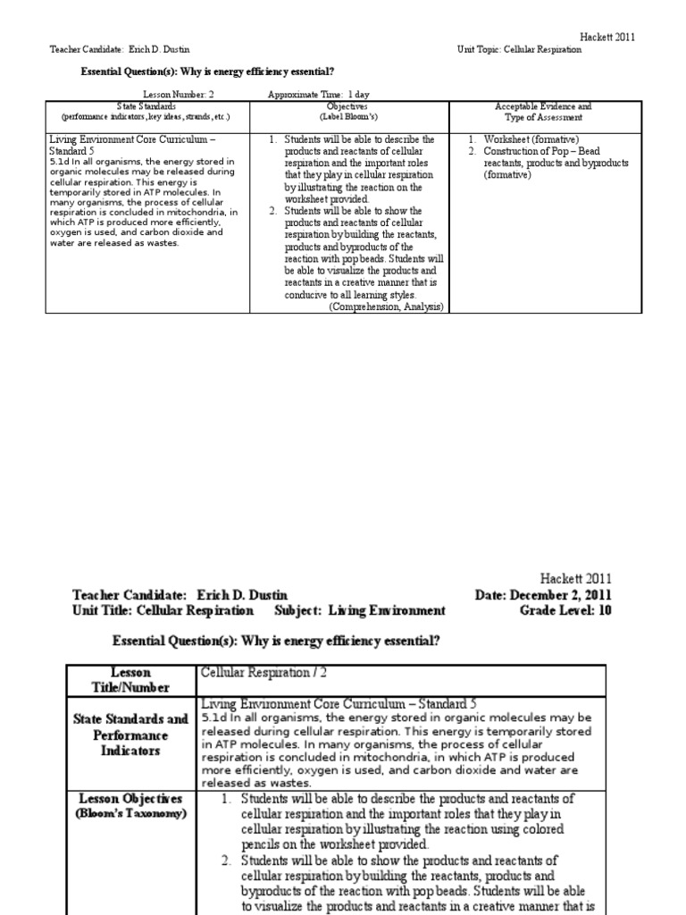 Cellular Respiration Lesson Plan | PDF | Cellular Respiration | Reading ...