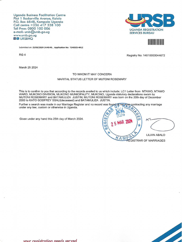 Mutoni Rosemary Single Status Letter. | PDF