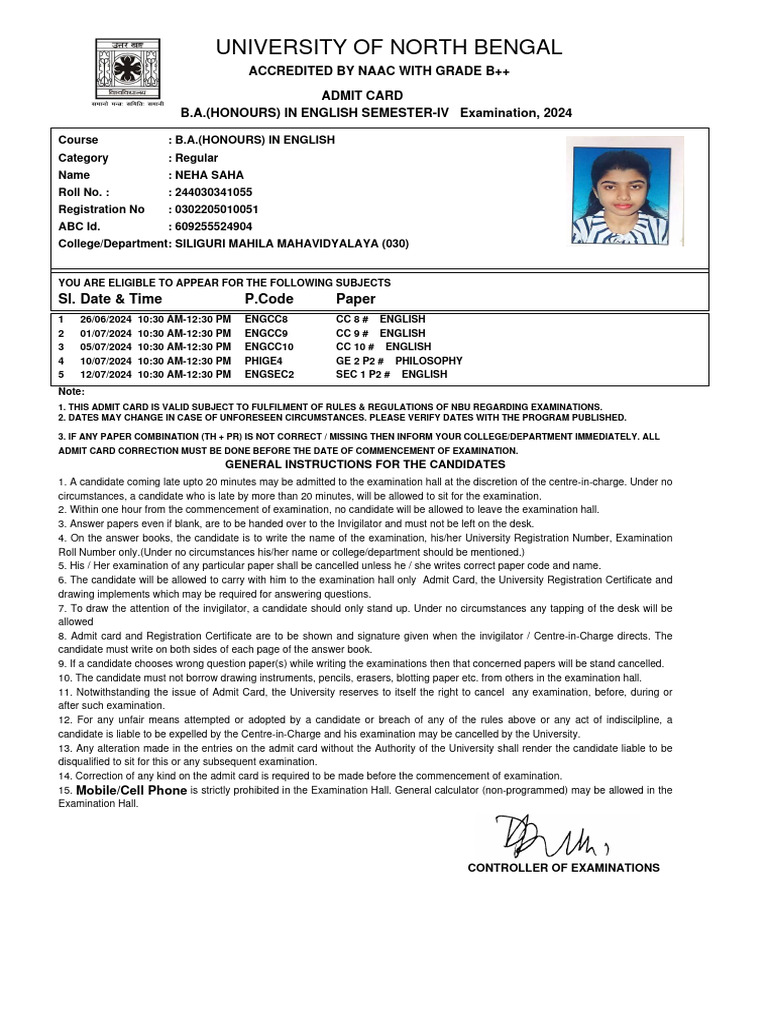 University of North Bengal: Sl. Date & Time P.Code Paper | PDF