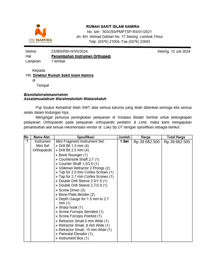 Permohonan Pengadaan Mini Set Orthopedit | PDF | Sains & Matematika
