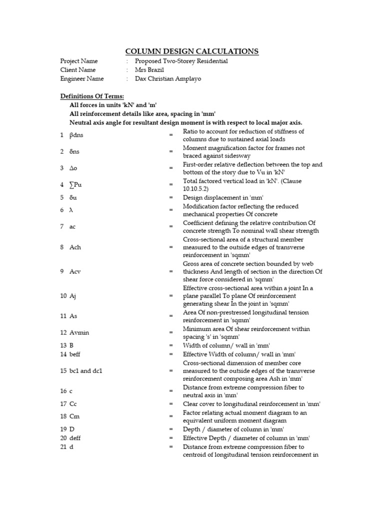 Column Design Calculations | PDF | Bending | Column