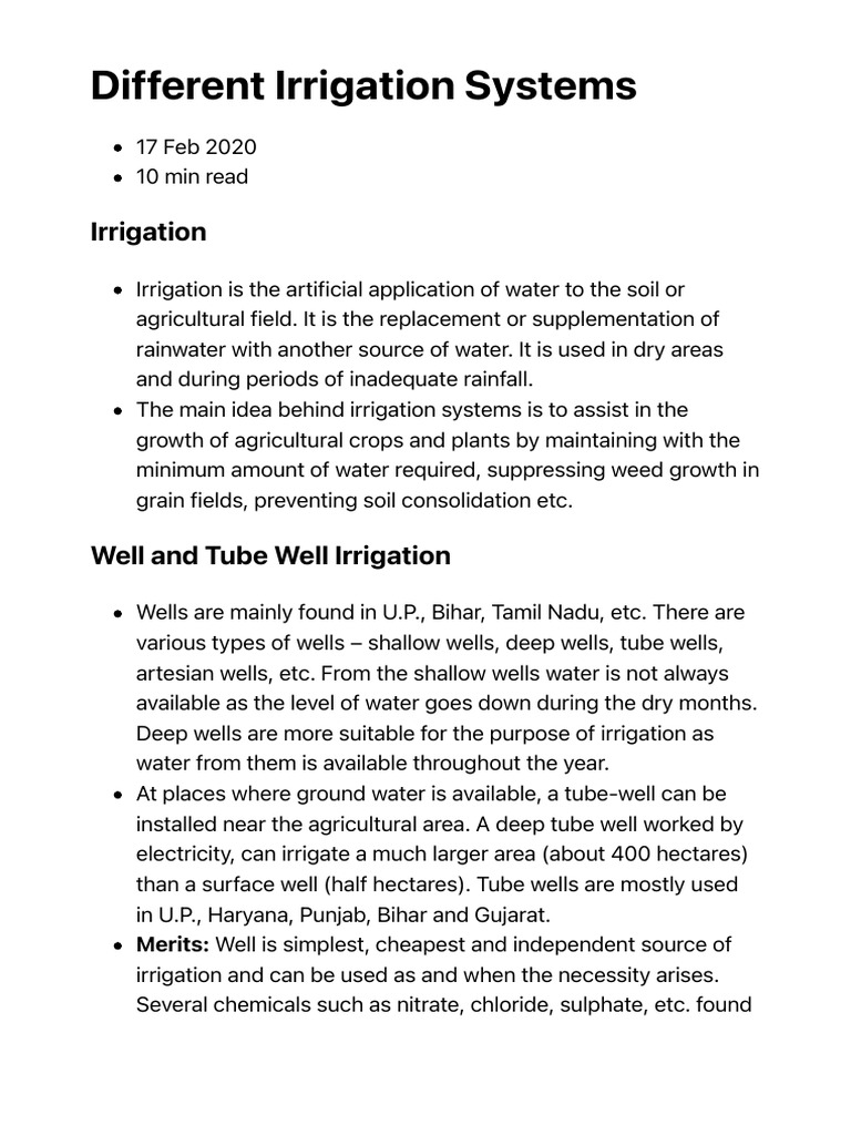 Types of Irrigation Systems Explained | PDF | Irrigation | Soil