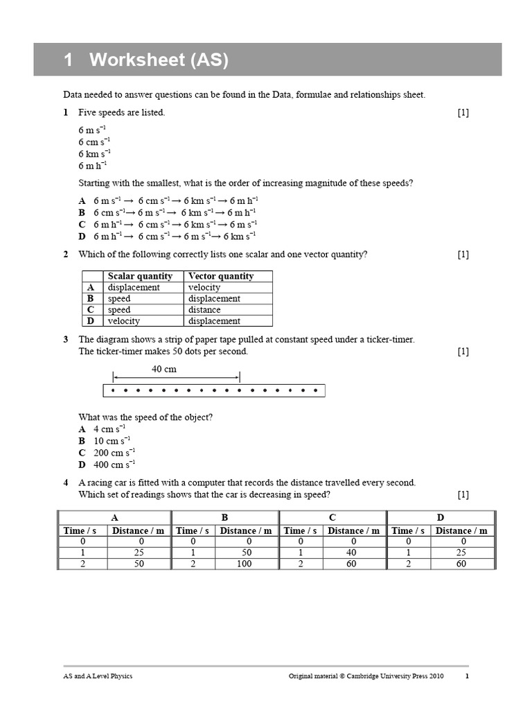 1 Worksheet As As and A Level Physics Original Material Cambridge ...
