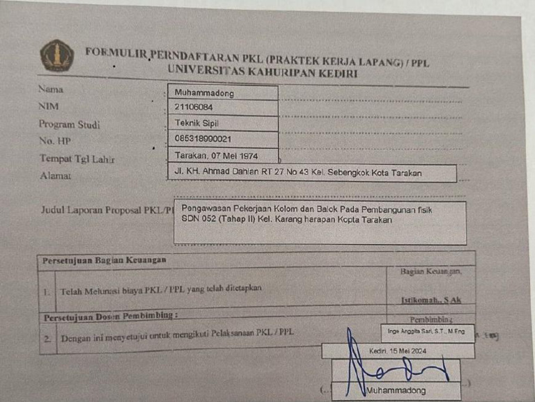 Formulir Pendaftaran PKL Muhammadong, Universitas Kahuripan Kediri | PDF