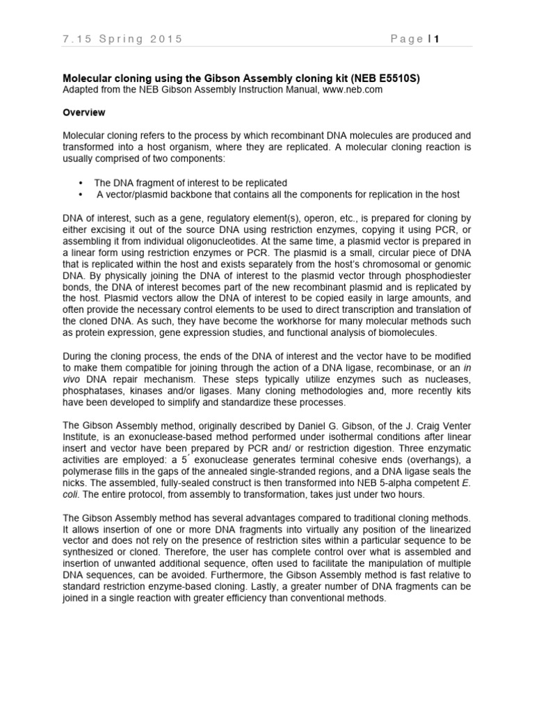 Gibson Assembly | PDF | Molecular Cloning | Primer (Molecular Biology)