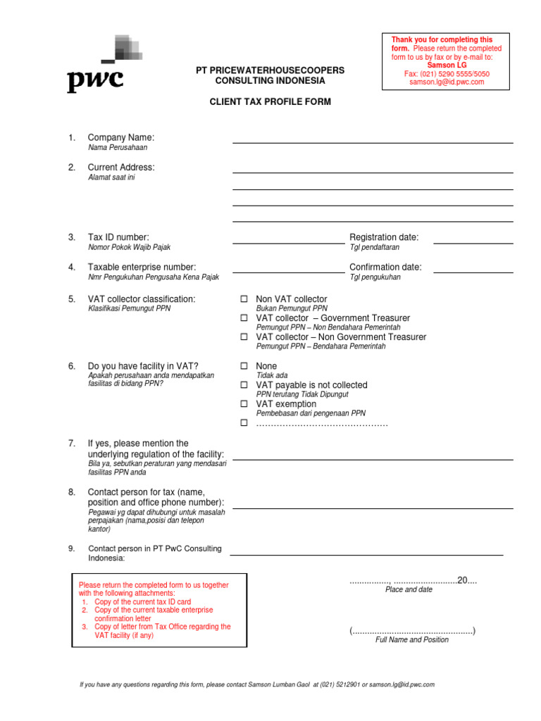CLIENT TAX PROFILE FORM - PT PWC Consulting Indonesia (New) 8dec | PDF ...