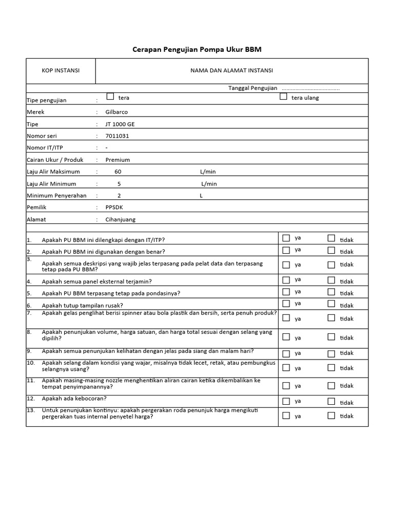 Cerapan Pengujian PU BBM Gilbarco Tominaga PPSDK | PDF