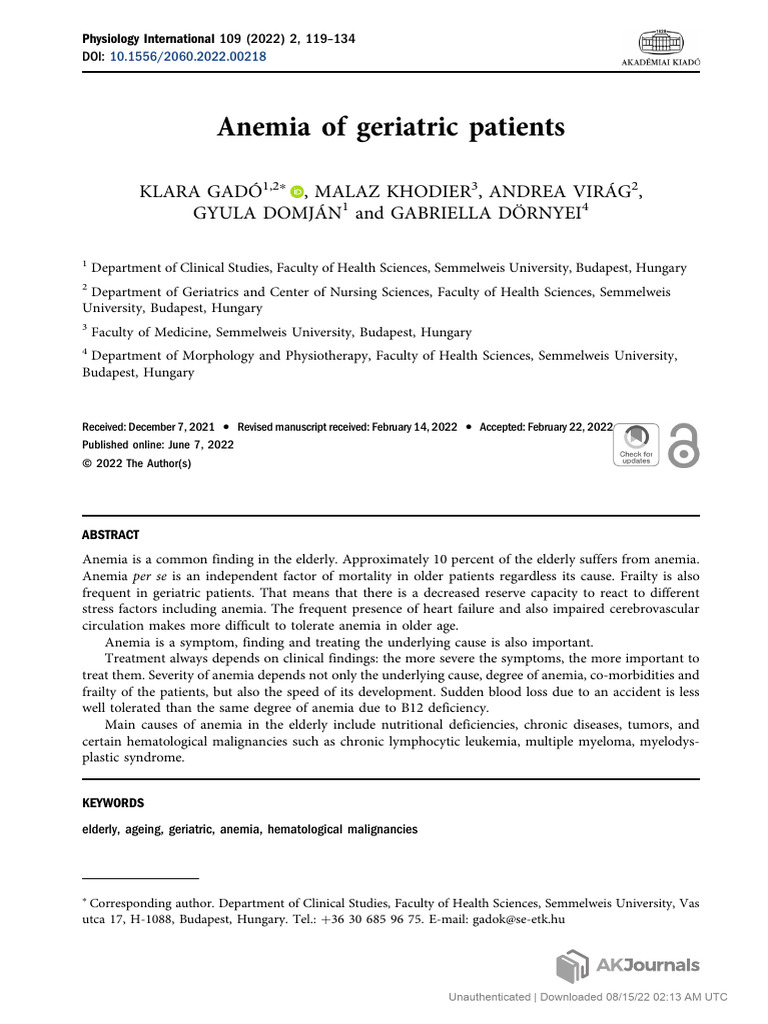 Anemia in Elderly Patients: Causes & Impact | PDF | Anemia | Blood