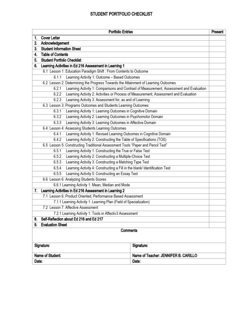 Student Portfolio Checklist | PDF | Learning | Affect (Psychology)