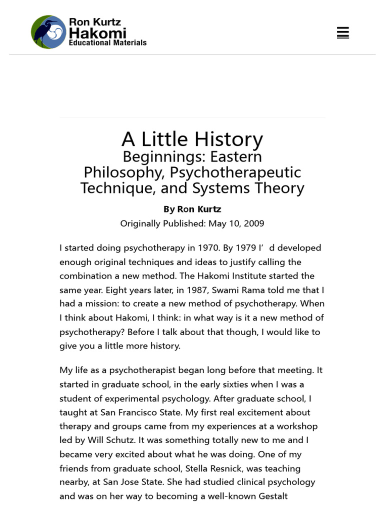 History of The Hakomi Method - Ron Kurtz Hakomi Educational Materials ...