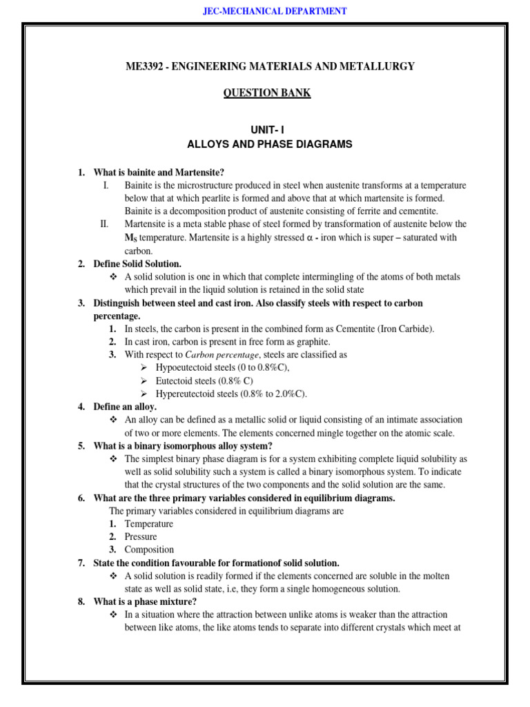 Me3392 Engineering Materials and Metallury Question Bank | PDF | Heat Treating | Steel