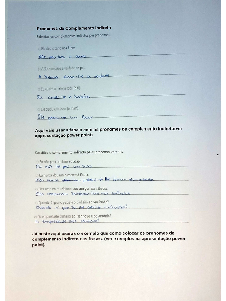 Exercícios Pronomes de Complemento Indireto (16 Jul 2024 at 17 - 14) | PDF