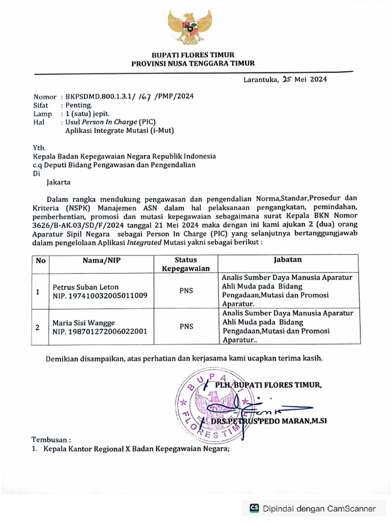 Contoh Surat Usul PIC I-MUT Instansi | PDF