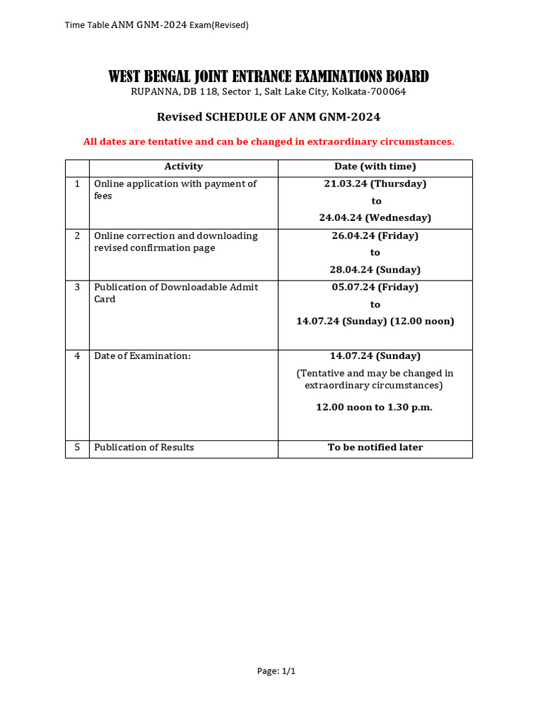 West Bengal Joint Entrance Examinations Board: Revised SCHEDULE OF ANM GNM-2024 | PDF