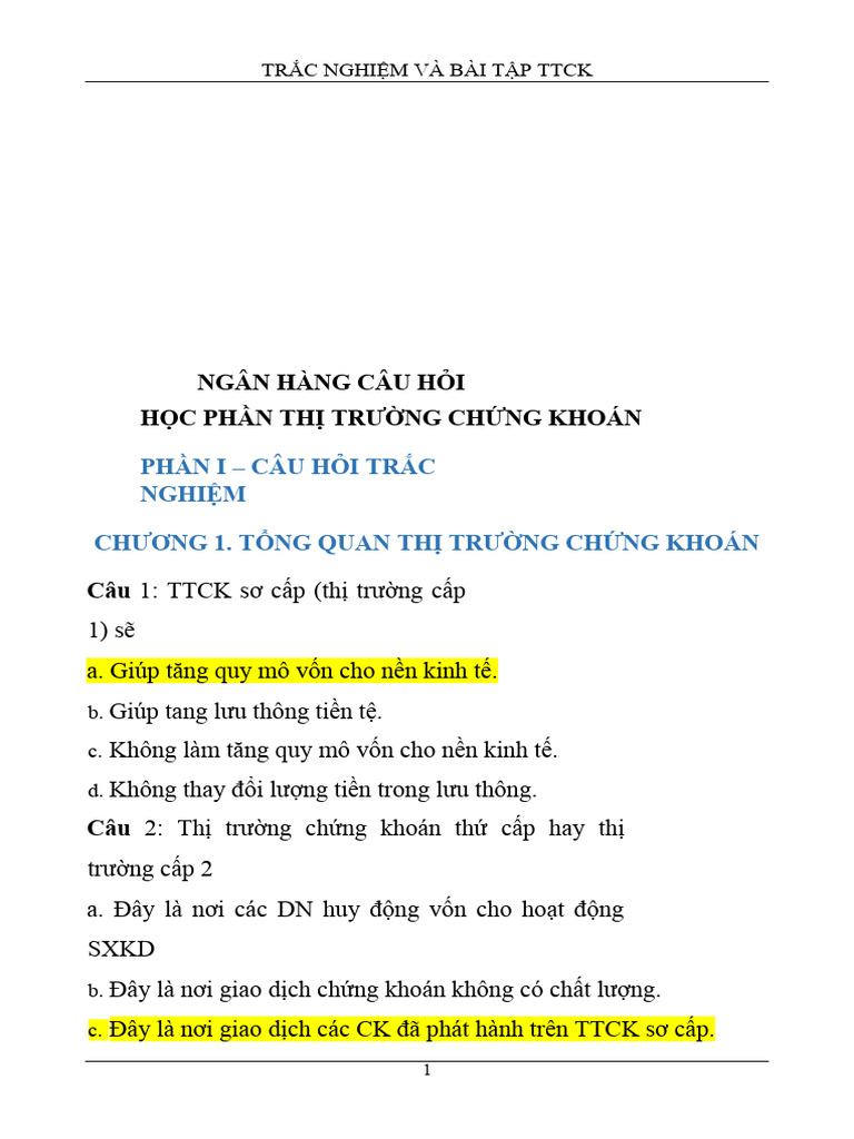 Câu Hỏi Và Bài Tập TTCK 2024 | PDF