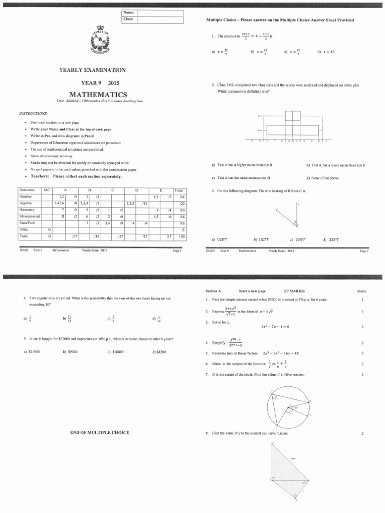 James Ruse 2015 Year 9 Maths Yearly | PDF