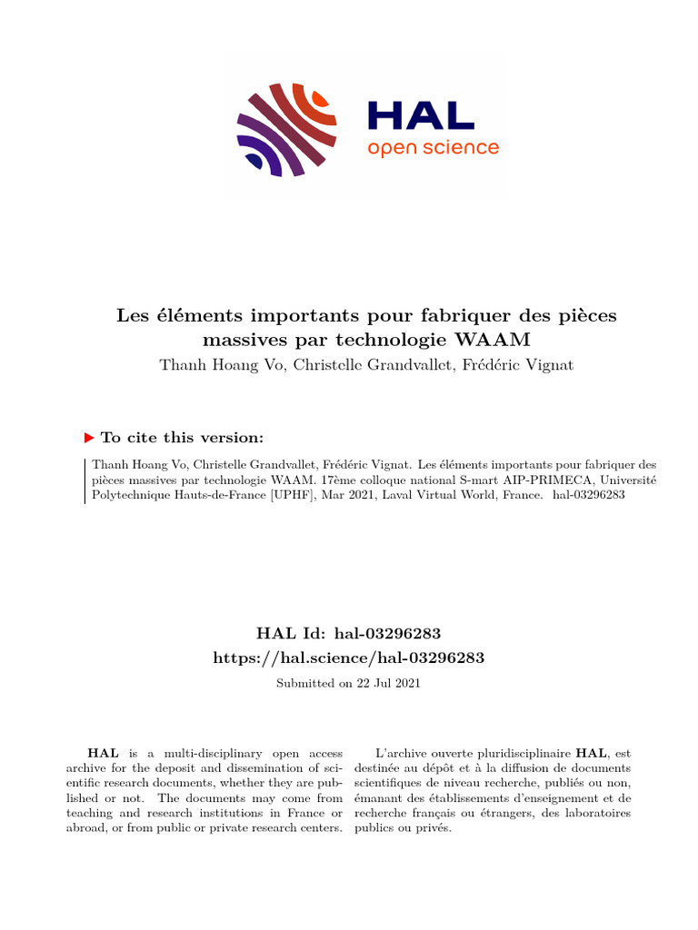 Article S.mart 2021 Modele Pour Fabrication de Pieces Massives Par WAAM ...