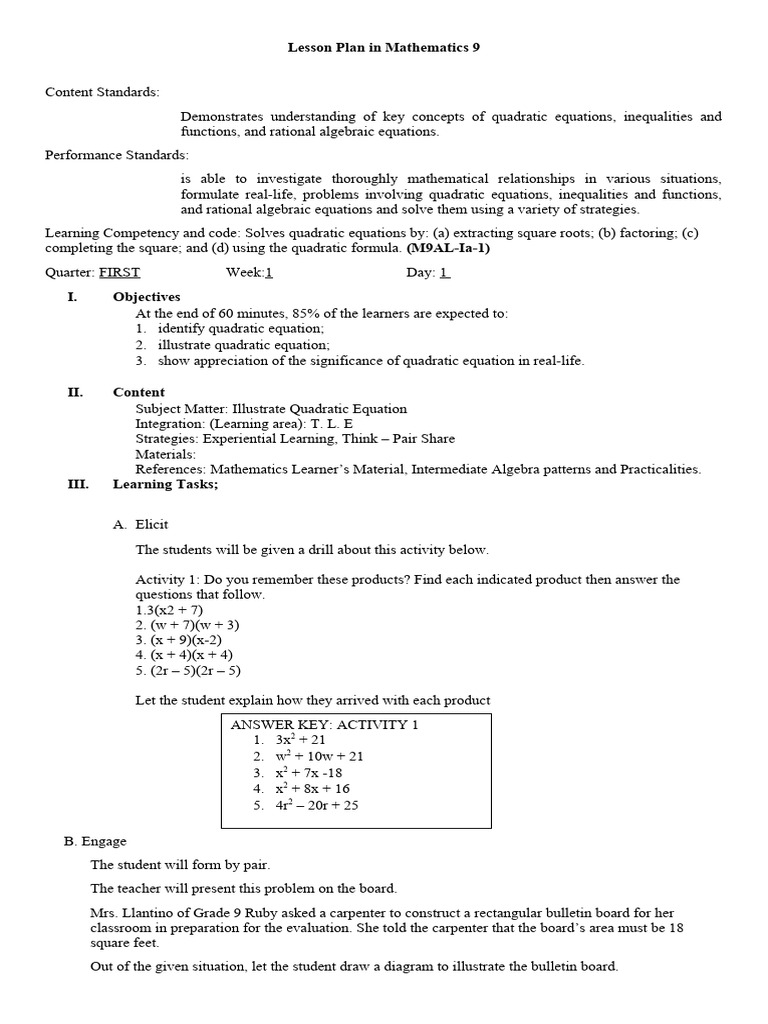 Math 9 Lesson Plan | PDF | Equations | Quadratic Equation