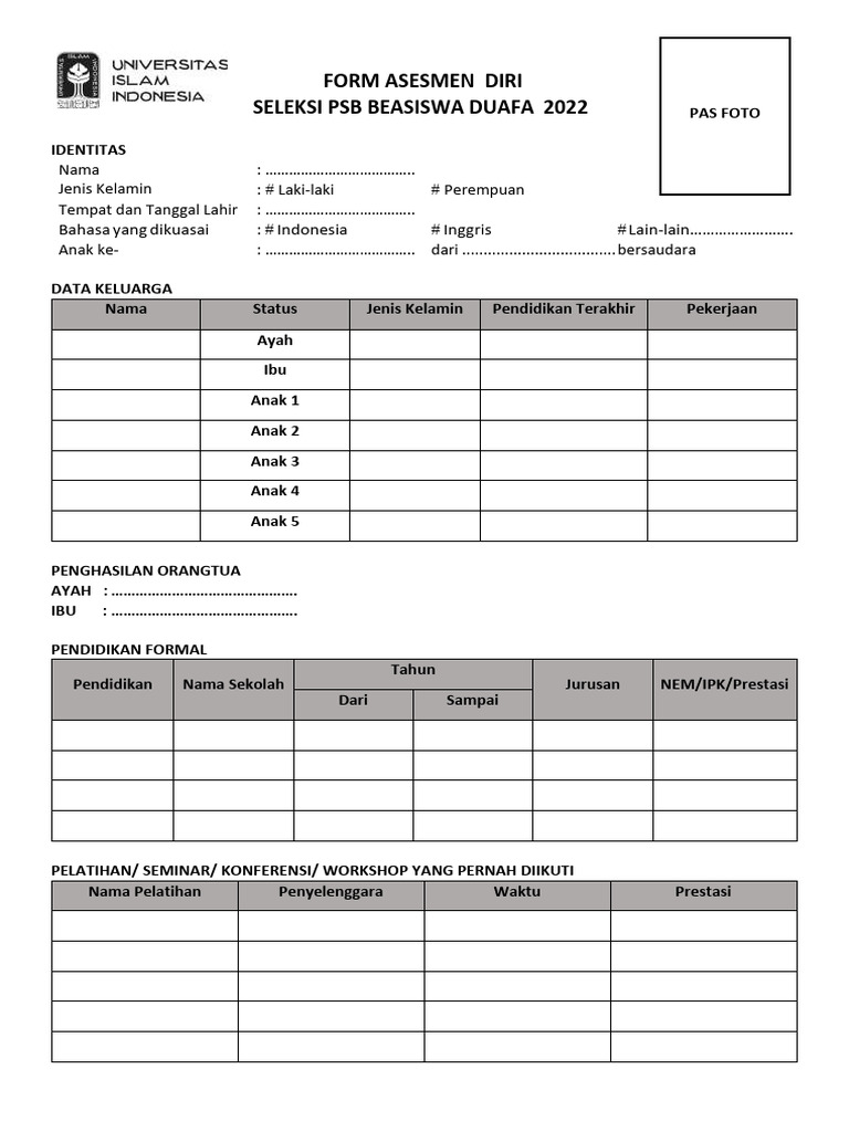 Form Asesmen Diri Seleksi PSB Beasiswa Duafa 2022 | PDF