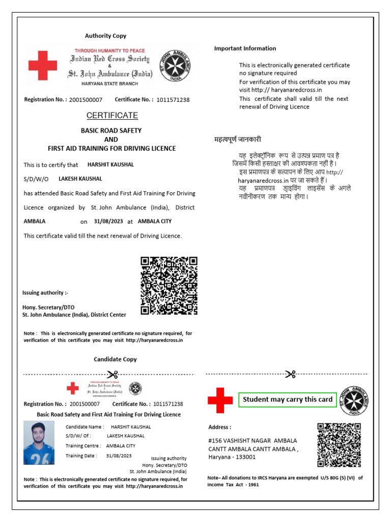 Certificate: Basic Road Safety AND First Aid Training For Driving ...