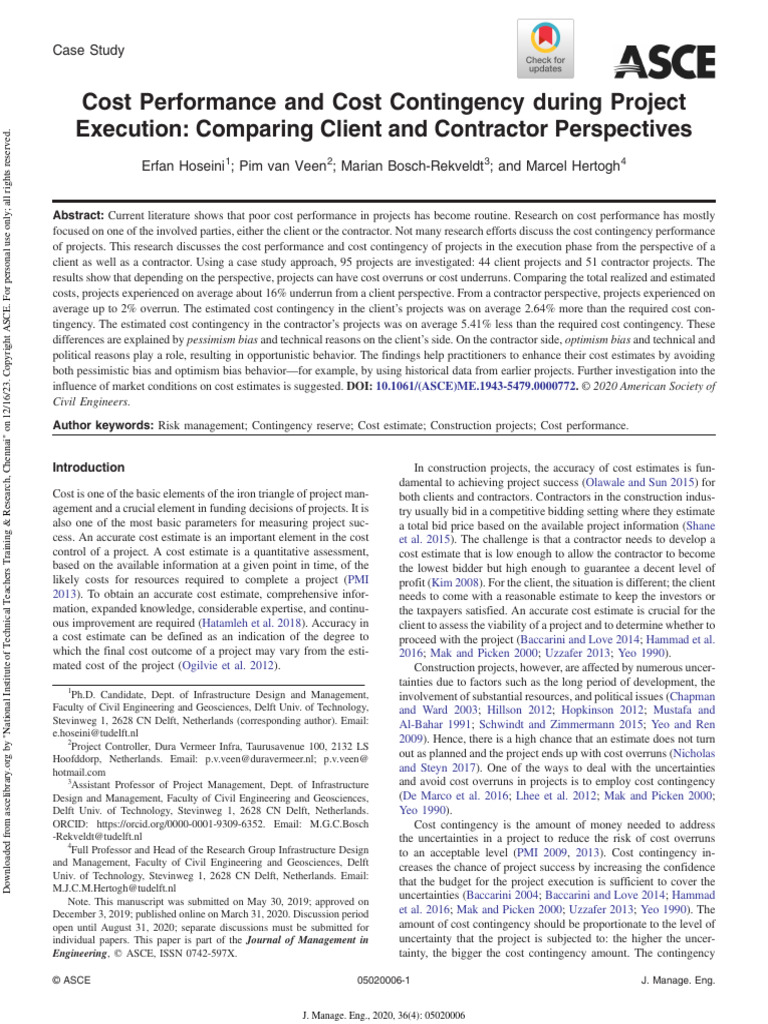 Hoseini Et Al 2020 Cost Performance and Cost Contingency During Project Execution Comparing ...